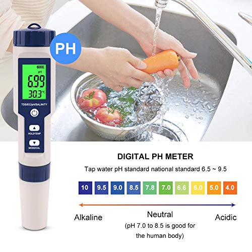 Water Quality Tester, EZ-9909 5 in 1 Function Water Quality Testing Meter PH Salinity TDS EC Tester with Backlight for Aquaculture, Drinking Water, Swimming Pool