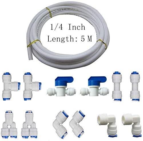 MATTOX 1/4" Quick Connect Water Purifiers Tube Fittings for RO Water Reverse Osmosis System Pack of 12（Ball Valve+Y+L+I+T Type）+5 Meters（16 feet） tubing Hose Pipe for RO Water Reverse Osmosis System