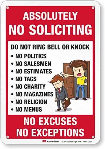 SmartSign 10 x 7 inch “Absolutely No Soliciting - Do Not Ring Bell Or Knock” Metal Sign with Graphic, 40 mil Aluminum, 3M Laminated Engineer Grade Reflective Material, Multicolor