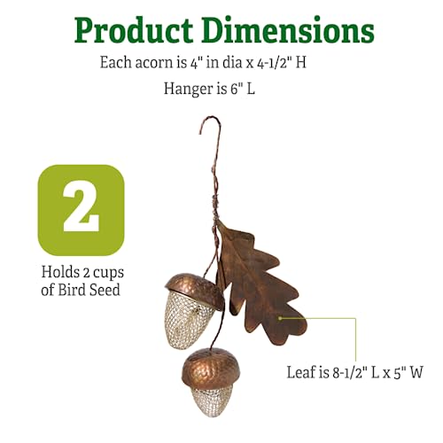 Gardener's Supply Company Acorn Bird Feeder | Sturdy Squirrel Proof Outdoor Garden Hanging Wild Bird Feeders | 2 Acorn Feeder, Metal Leaf & Hanger - Holds 2 Cups of Seed