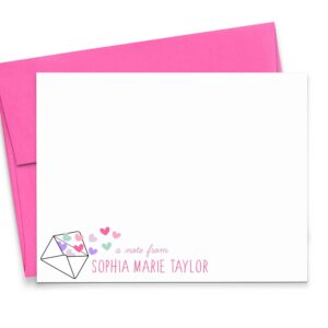 Personalized Girls Stationary with Envelopes FLAT NOTE CARDS, Heart Stationary with Envelopes, Personalized Girls Note Cards with Heart Note Cards with Envelopes, Your Choice of Colors and Quantity