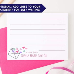 Personalized Girls Stationary with Envelopes FLAT NOTE CARDS, Heart Stationary with Envelopes, Personalized Girls Note Cards with Heart Note Cards with Envelopes, Your Choice of Colors and Quantity