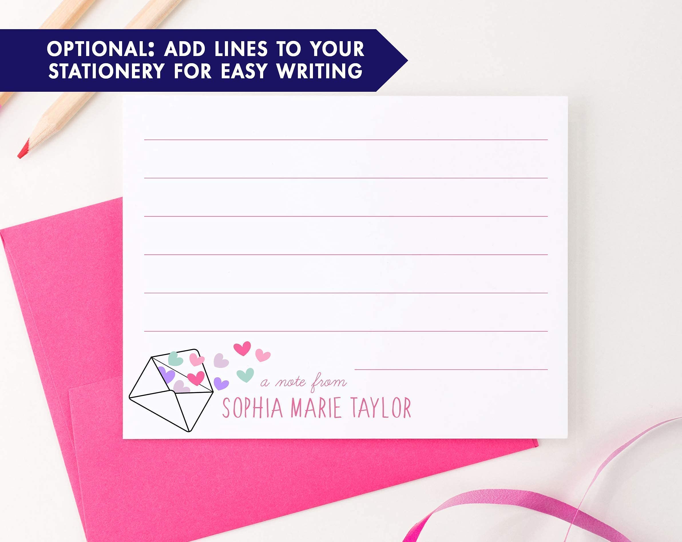 Personalized Girls Stationary with Envelopes FLAT NOTE CARDS, Heart Stationary with Envelopes, Personalized Girls Note Cards with Heart Note Cards with Envelopes, Your Choice of Colors and Quantity