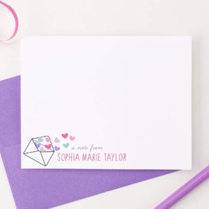 Personalized Girls Stationary with Envelopes FLAT NOTE CARDS, Heart Stationary with Envelopes, Personalized Girls Note Cards with Heart Note Cards with Envelopes, Your Choice of Colors and Quantity