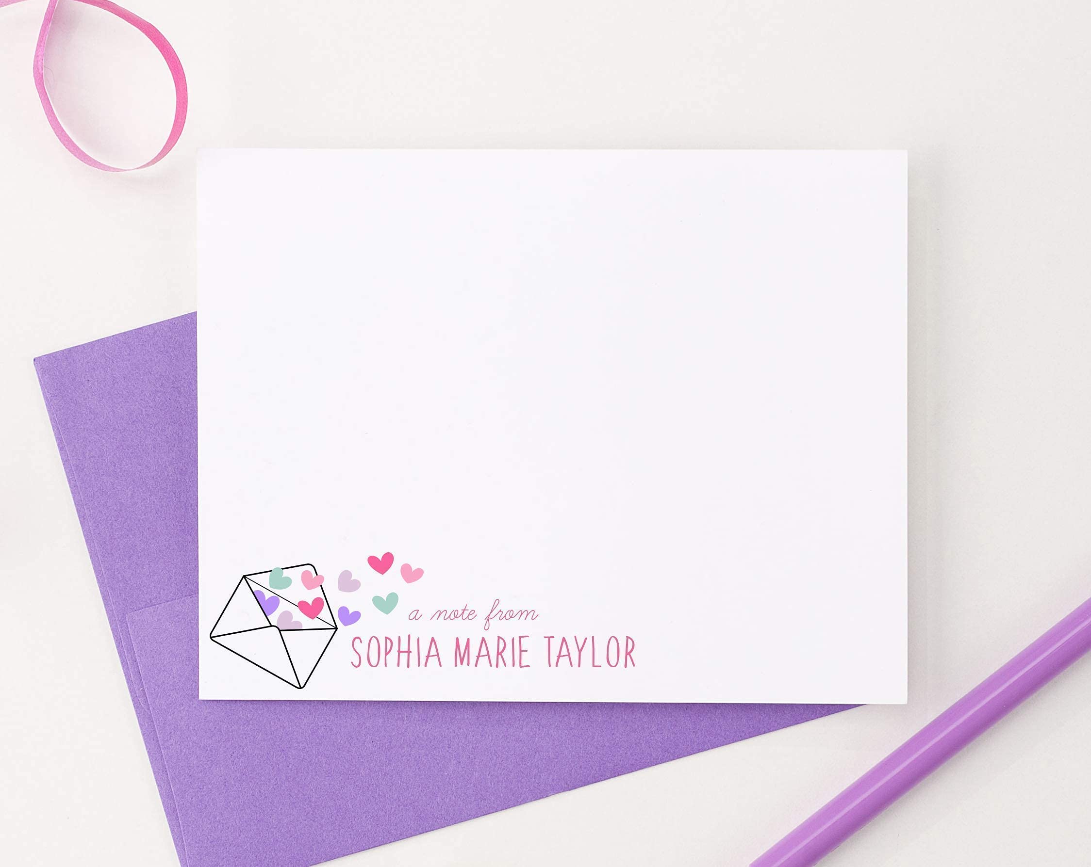 Personalized Girls Stationary with Envelopes FLAT NOTE CARDS, Heart Stationary with Envelopes, Personalized Girls Note Cards with Heart Note Cards with Envelopes, Your Choice of Colors and Quantity