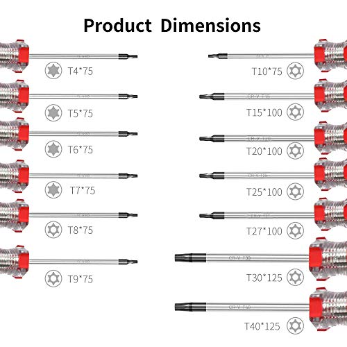 RONMAR 13-Piece Magnetic Torx Screwdrivers Set, Security Tamper Proof, T4、T5、T6、T7、T8、T9、T10、T15、T20、T25、T27、T30、T40 (red)