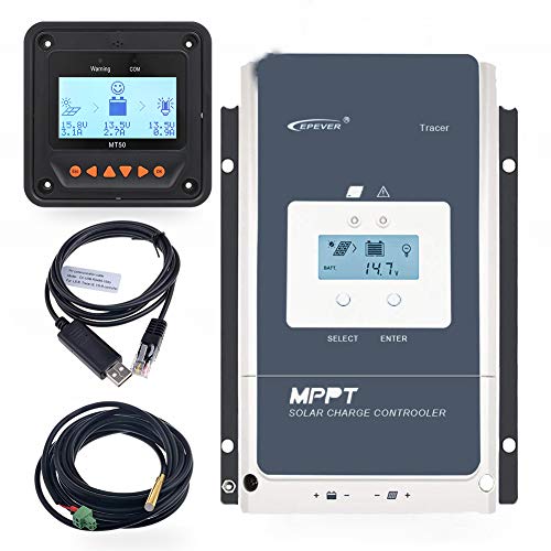 EPEVER 60A MPPT Solar Charge Controller 12/24/36/48VDC Automatically Identifying System Voltage with MT50 Remote Meter & Temperature Sensor RTS & Communication Cable RS485