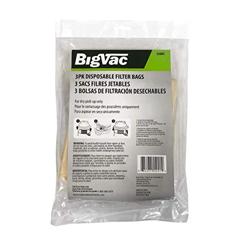 Vac BIG55001 Vacuum Filter Bags, 3 Pack | Designed to Fit 4 to 12 Gallon Kubota, Big Vac TOOLMASTER, & FIXMAN Vacuums| Fits 4 Gallon Kubota Shop Vac from Costco | Shop Vac Filtered Vacuum Bags