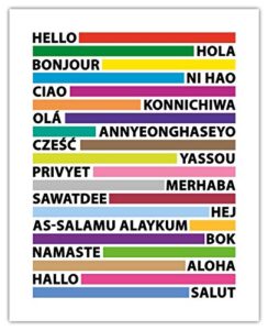 hello in different languages typography wall art print: 8x10 unframed chic, boho & modern posters for office, classroom, dorm, living room & bedroom decor - gift idea for students, teachers