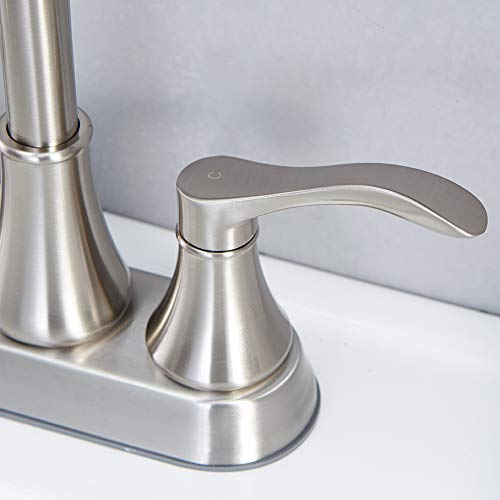 VALISY Lead-Free Commercial 2-Handle Brushed Nickel Bathroom Sink Faucet, 360° Swivel High-Arc Spout 4 Inch Centerset Lavatory Vanity Faucets Set for Bathroom Sink with Pop-up Drain & Water Hoses