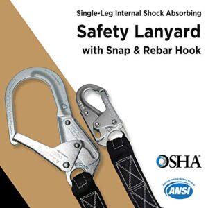 AFP 6FT Single Leg Internal Shock Absorbing Safety Fall Protection Lanyard with Pelican Rebar & Snap Hook |Heavy-Duty Webbing | Roofer, Construction, Scaffolding PPE | OSHA & ANSI Rated