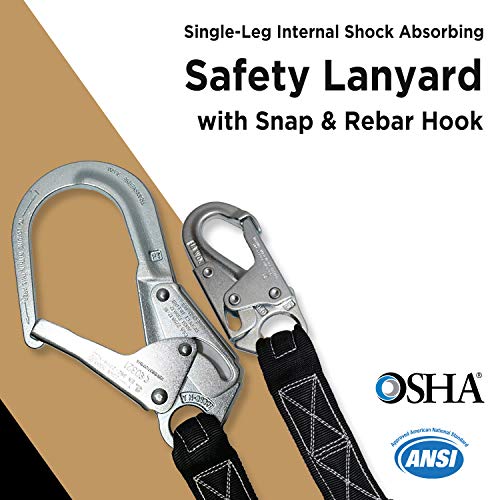 AFP 6FT Single Leg Internal Shock Absorbing Safety Fall Protection Lanyard with Pelican Rebar & Snap Hook |Heavy-Duty Webbing | Roofer, Construction, Scaffolding PPE | OSHA & ANSI Rated