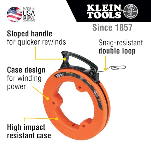 Klein Tools 56331 Electrical Fish Tape, Steel Wire Puller with Double Loop Tip, Optimized Housing and Handle, 1/8-Inch x 50-Foot