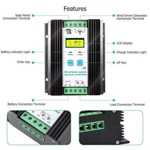 SolaMr 1000W 12V / 24V Wind Solar Hybrid Charge Controller Fits for 600W Wind and 400W Solar Power Boost Charge Solar PWM Charging Technology Digital Intelligent Regulator with LCD Display