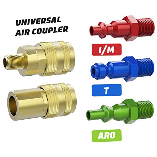 Hromee 18 Pieces Air Coupler and Plug Kit, 1/4-Inch NPT Air Hose Fittings and Compressor Accessories with Universal Quick Coupler, Brass Ball Valve, Swivel Air Plug and Tee Pipe Fitting