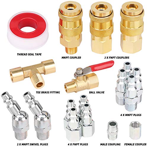 Hromee 18 Pieces Air Coupler and Plug Kit, 1/4-Inch NPT Air Hose Fittings and Compressor Accessories with Universal Quick Coupler, Brass Ball Valve, Swivel Air Plug and Tee Pipe Fitting