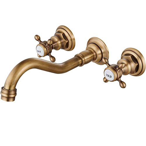 Antique Brass Bathroom Widespread Sink Faucet Wall Mount 3 Holes 2 Cross Knobs Brass Lavatory Basin Mixer Tap Mixing Spout Double Handles Commercial