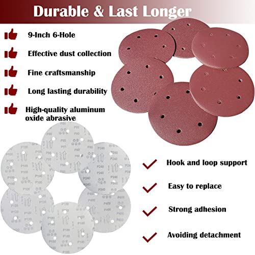 Tonmp 30 PCS 9-Inch 6-Hole Hook-and-Loop Sanding Discs Sander Paper for Drywall Sander -5 Each of 80 100 120 180 240 400 Grits