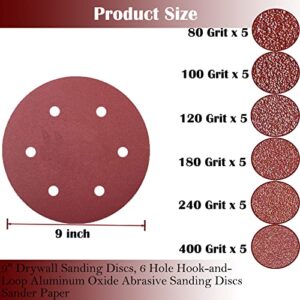 Tonmp 30 PCS 9-Inch 6-Hole Hook-and-Loop Sanding Discs Sander Paper for Drywall Sander -5 Each of 80 100 120 180 240 400 Grits