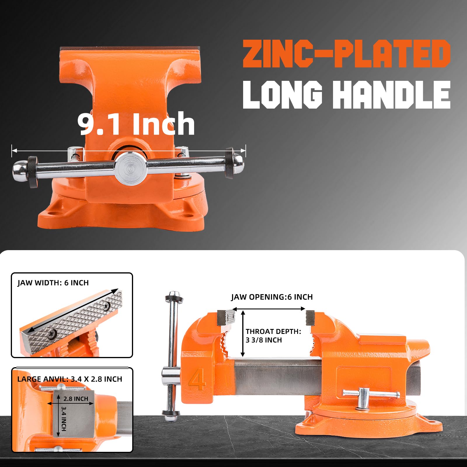 Forward 6-Inch Bench Vise Ductile Iron with Channel Steel and 360-Degree Swivel Base HY-30606-6In (6")