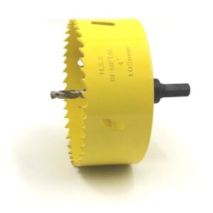 jiecheng bi-metal 4 inch hole saw with arbor mandrel for cutting wood,cornhole boards,drywall,plasterboard,plywood,steel,aluminium,brass,copper,zinc,tin,102mm