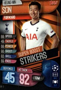 2019-20 topps uefa champions league match attax super boost strikers #sbi 3 heung-min son tottenham hotspur official futbol soccer trading card game playing card