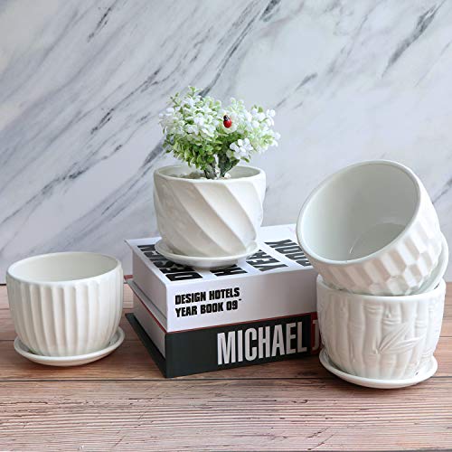 Brajttt Flower Pots, 4 Inch Cylinder Ceramic Plant Pots with Connected Saucer, Mini Ceramic Planters for Succulent and Little Snake Plants (6 Pack, White)