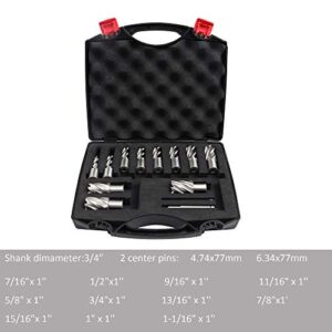 Muzerdo 13pcs 3/4 Inch Weldon Shank 1" Cutting Depth and Cutting Diameter for Magnetic Drill Press HSS Standard Kit Two Flat with 2 Pilot Pins