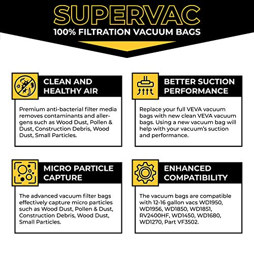 VEVA 10 Pack Premium SuperVac Vacuum Bags VF3502 Compatible with 12-16 Gallon Ridgid Wet/Dry Vacuums