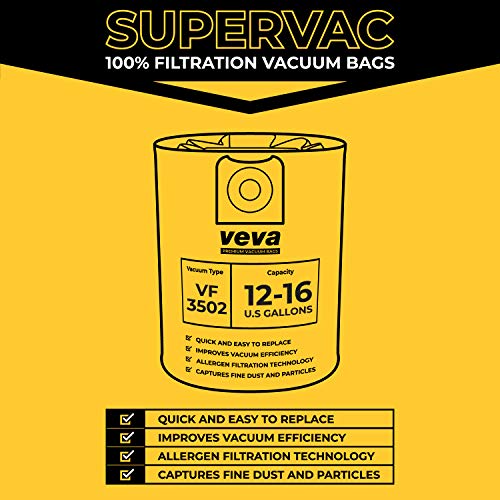 VEVA 10 Pack Premium SuperVac Vacuum Bags VF3502 Compatible with 12-16 Gallon Ridgid Wet/Dry Vacuums