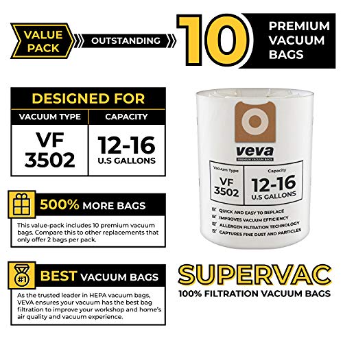 VEVA 10 Pack Premium SuperVac Vacuum Bags VF3502 Compatible with 12-16 Gallon Ridgid Wet/Dry Vacuums