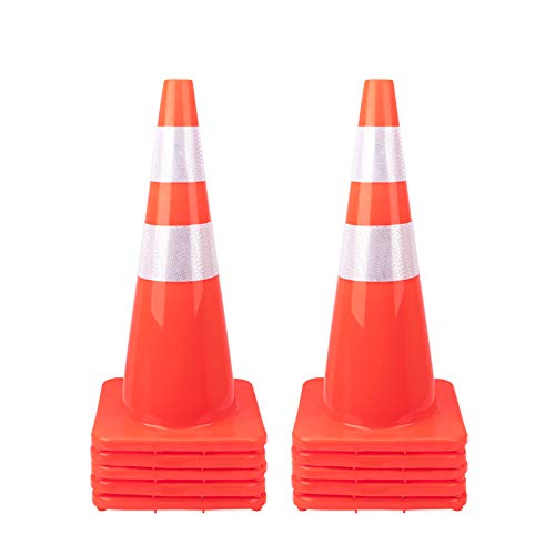 [ 10 Pack ] 28" Traffic Cones PVC Safety Road Parking Cones Weighted Hazard Cones Construction Cones for Traffic Fluorescent Orange w/4" w/6" Reflective Strips Collar (10)