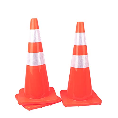 [ 10 Pack ] 28" Traffic Cones PVC Safety Road Parking Cones Weighted Hazard Cones Construction Cones for Traffic Fluorescent Orange w/4" w/6" Reflective Strips Collar (10)