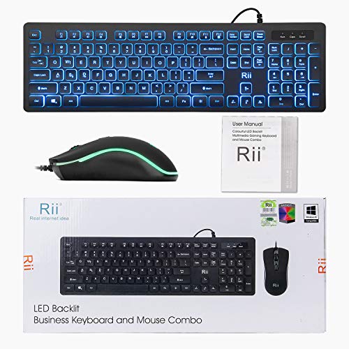 Rii Three Colors Backlit Business Keyboard,Gaming Keyboard and Mouse Combo,USB Wired Keyboard,RGB Optical Mouse for Gaming,Business Office