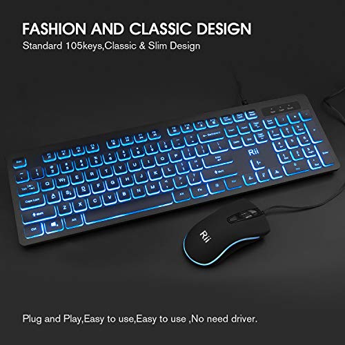 Rii Three Colors Backlit Business Keyboard,Gaming Keyboard and Mouse Combo,USB Wired Keyboard,RGB Optical Mouse for Gaming,Business Office