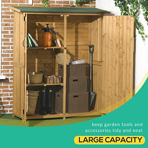 Outsunny Outdoor Storage Cabinet Wooden Garden Shed Utility Tool Organizer with Waterproof Asphalt Rood, Lockable Doors, 3 Tier Shelves for Lawn, Backyard, Natural