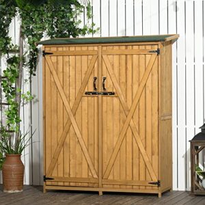 Outsunny Outdoor Storage Cabinet Wooden Garden Shed Utility Tool Organizer with Waterproof Asphalt Rood, Lockable Doors, 3 Tier Shelves for Lawn, Backyard, Natural