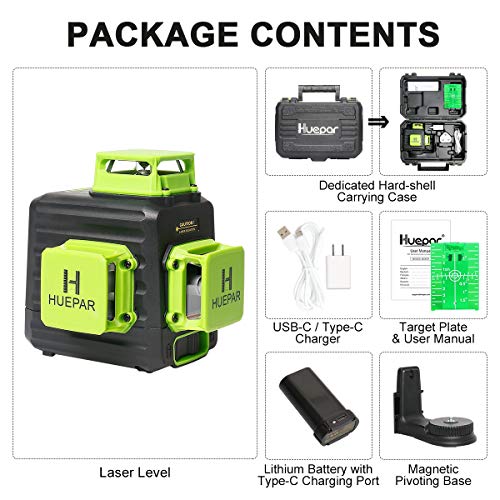 Huepar 3D Cross Line Self-leveling Laser Level 3 x 360 Green Beam Three-Plane Leveling and Alignment Laser Tool, Li-ion Battery with Type-C Charging Port & Hard Carry Case Included - B03CG Pro