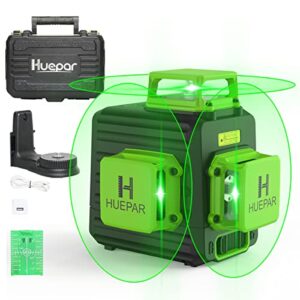 huepar 3d cross line self-leveling laser level 3 x 360 green beam three-plane leveling and alignment laser tool, li-ion battery with type-c charging port & hard carry case included - b03cg pro