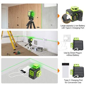 Huepar 3D Cross Line Self-leveling Laser Level 3 x 360 Green Beam Three-Plane Leveling and Alignment Laser Tool, Li-ion Battery with Type-C Charging Port & Hard Carry Case Included - B03CG Pro