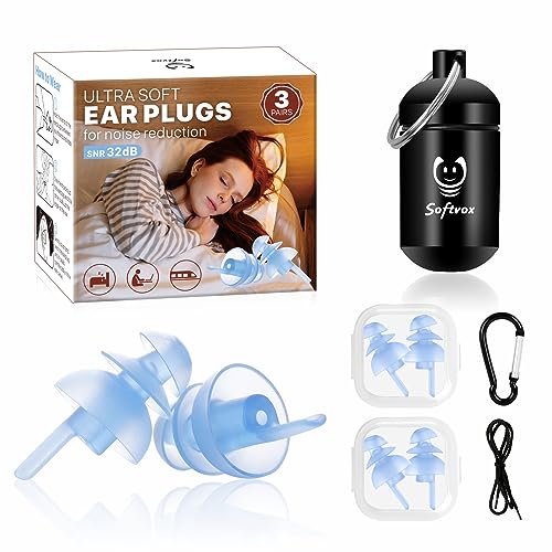 Softvox Silicone Ear Plugs for Sleeping Noise Reduction, 3 Pairs Reusable Earplugs Sound Blocking, Snoring Noise Cancelling Ear Plugs for Side Sleeper Study Travel Working -32dB Hearing Protection