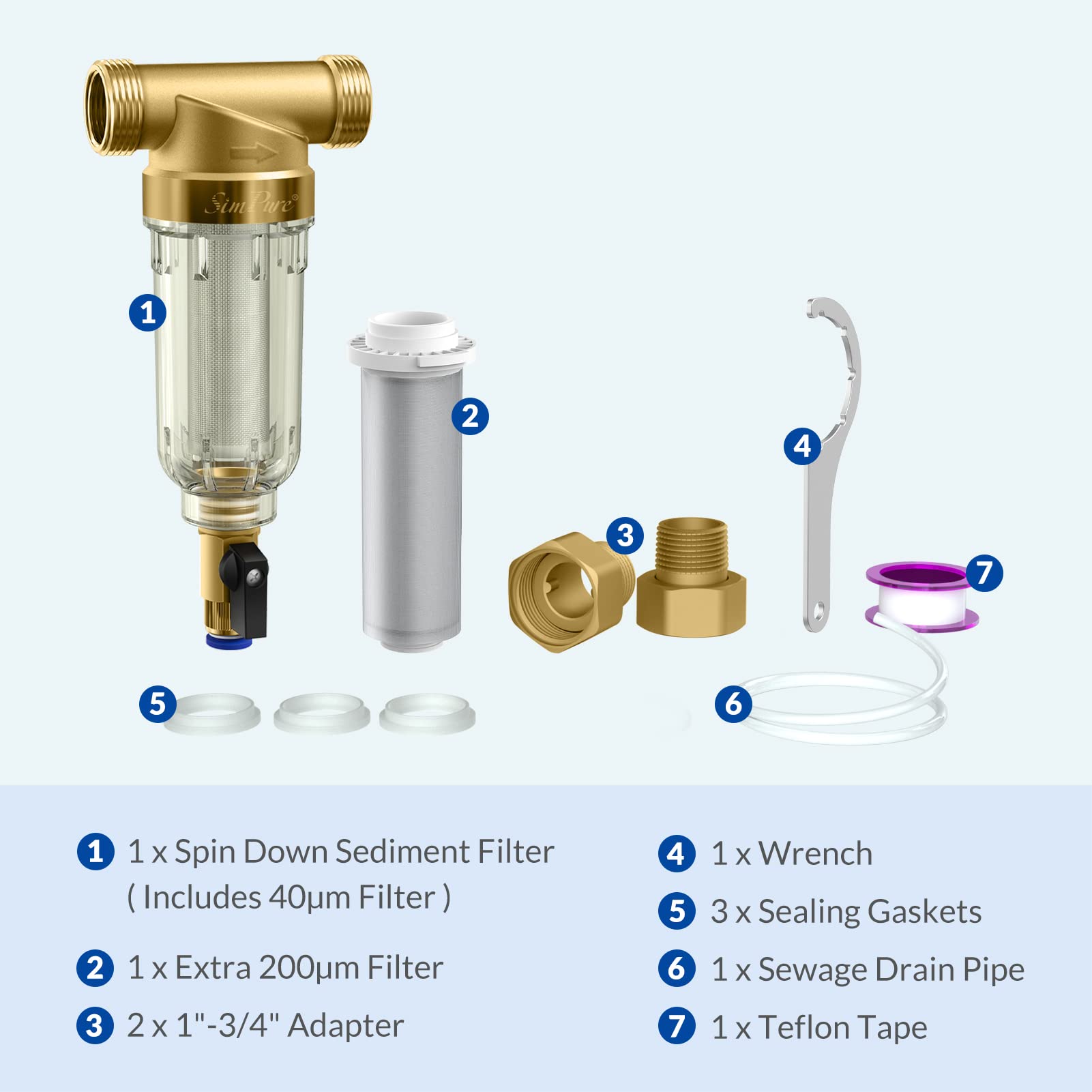 SimPure 40/200 Micron Spin Down Sediment Filter, Reusable Whole House Sediment Water Filter, Pre-Filtration System for City/Well water, 1" MNPT + 3/4" FNPT + 3/4"MNPT, BPA Free