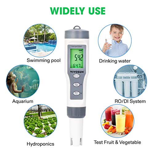 VIVOSUN 3-in-1 Digital pH Meter with ATC, ±0.1 pH Accuracy Water Quality Tester, 0-14.0 pH Measurement Range for Hydroponics, Household Drinking, Pool and Aquarium