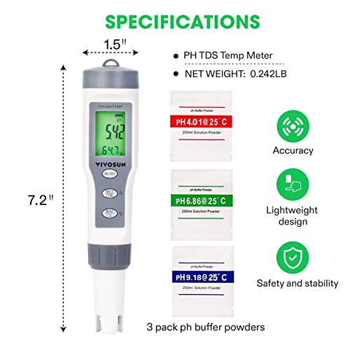 VIVOSUN 3-in-1 Digital pH Meter with ATC, ±0.1 pH Accuracy Water Quality Tester, 0-14.0 pH Measurement Range for Hydroponics, Household Drinking, Pool and Aquarium