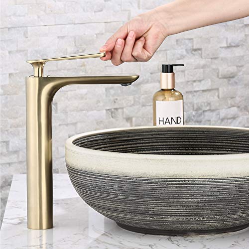 Beelee Bathroom Vessel Sink Faucet Tall Single Handle Brushed Gold Water Stream One Hole Lever Bath Lavatory Faucet Basin Mixer Tap Commercial Brass