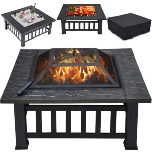 yaheetech multifunctional fire pit table 32in square metal firepit stove backyard patio garden fireplace for camping, outdoor heating, bonfire and picnic