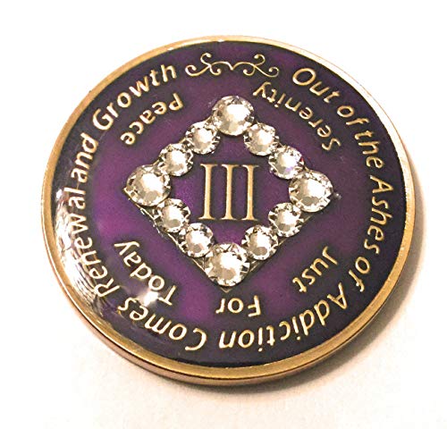 Recovery Line 3 Year NA Bling Medallion - Deep Purple, Chip, Coin Token, with Swarvoski Crystals