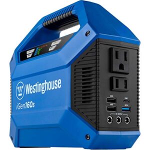 westinghouse 155wh 150 peak watt portable power station and solar generator, pure sine wave ac outlet, backup lithium battery for camping, home, travel, indoor/outdoor use (solar panel not included)