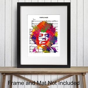 Jimi Hendrix 8x10 Poster, Wall Art, Home Decoration - Graffiti Pop Art Decor for Apartment, Music Studio - Urban Street Art Style Purple Haze Sheet Music Picture Print - Gift for Guitarist, Musician