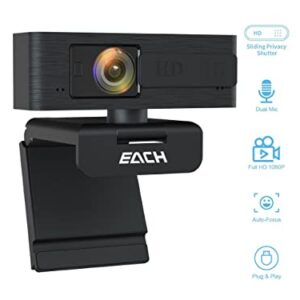 EACH AutoFocus Full HD Webcam 1080P with Privacy Shutter - Pro Web Camera with Dual Digital Microphone - USB Computer Camera for PC Laptop Desktop Mac Video Calling, Conferencing Skype YouTube